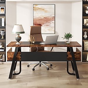Tribesigns 63 inch Computer Desk Modern Office Desk with Shelf for Home Office, Large Writing Table Wood Business Workstation with Storage Shelves and Sturdy Metal Frame for Study Bedroom, Black Brown