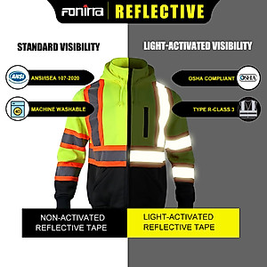 FONIRRA Hi Vis Safety Fleece Zip Hoodie for Men Reflective Sweatshirts ANSI Class 3 Jackets Detachable Hood (Yellow,L)