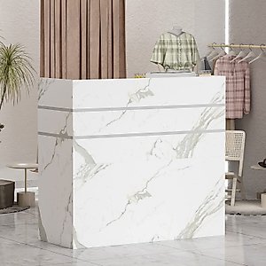 AGOTENI Reception Desk Reception Stations with Open Shelf & Drawers, Wooden Counter Desk with Lockable Drawer for Office Reception Room (Marble White)