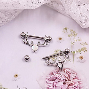 CHARM ONLINE 2PCS 14G 316L Stainless Steel Opal Nipple Rings Deer Head Nipple Barbell Nipple Piercings Jewelry for Women (silver)