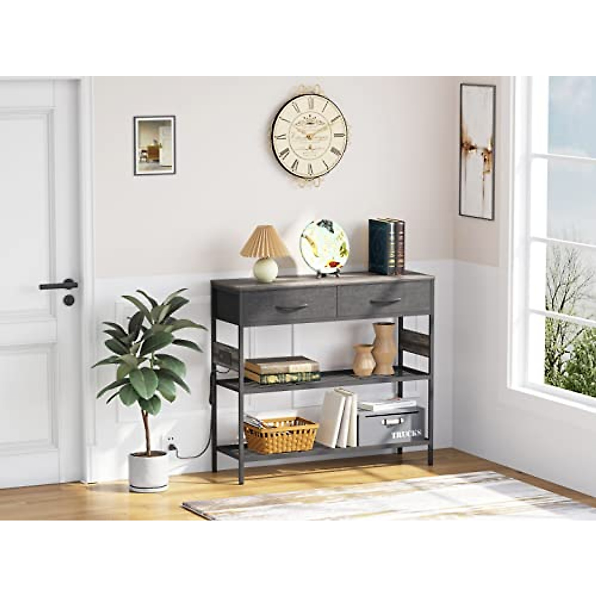 COTUBLR Console Table with Drawers and Outlets, Entryway Table with Storage Shelves, 39 inch Narrow Sofa Table for Living Room, Entry Table for Entryway, Hallway, Living Room Furniture, Grey Oak