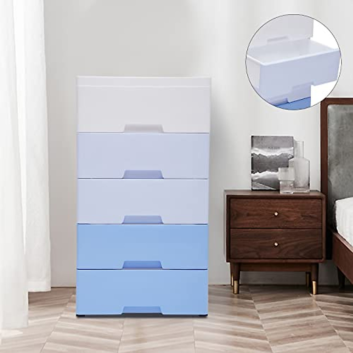 Plastic Storage Cabinet,5 Drawer Stackable Vertical Clothes Storage Tower,Lockers can be Placed in Bedrooms Bathrooms Livingrooms (Blue)