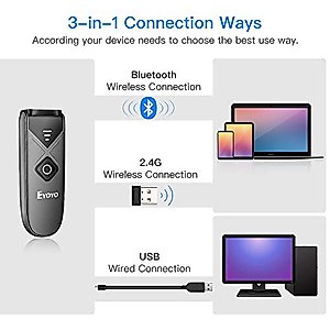 Eyoyo Mini 2D QR 1D Bluetooth Barcode Scanner, Portable Wireless Barcode Reader with USB Wired/Bluetooth/ 2.4G Wireless Connection PDF417 Data Matrix Image Scanner for iPad, iPhone, Android, Tablet PC