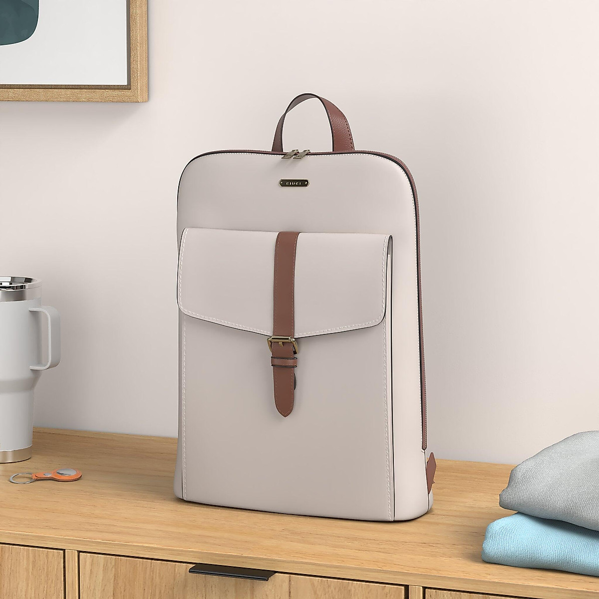 CLUCI Leather Laptop Backpack for Women 15.6 inch Computer Backpack Stylish Travel Backpack Purse for Women Work Daypack Bag Off-white with brown