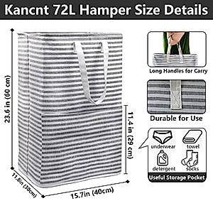 KANCNT Collapsible Laundry Hamper,72L Large Clothes Hamper with Pocket, Freestanding Foldable Laundry Basket with Long Handles for Bathroom,Bedroom, Nursery,College Dorm, Closet Storing, toys, Grey