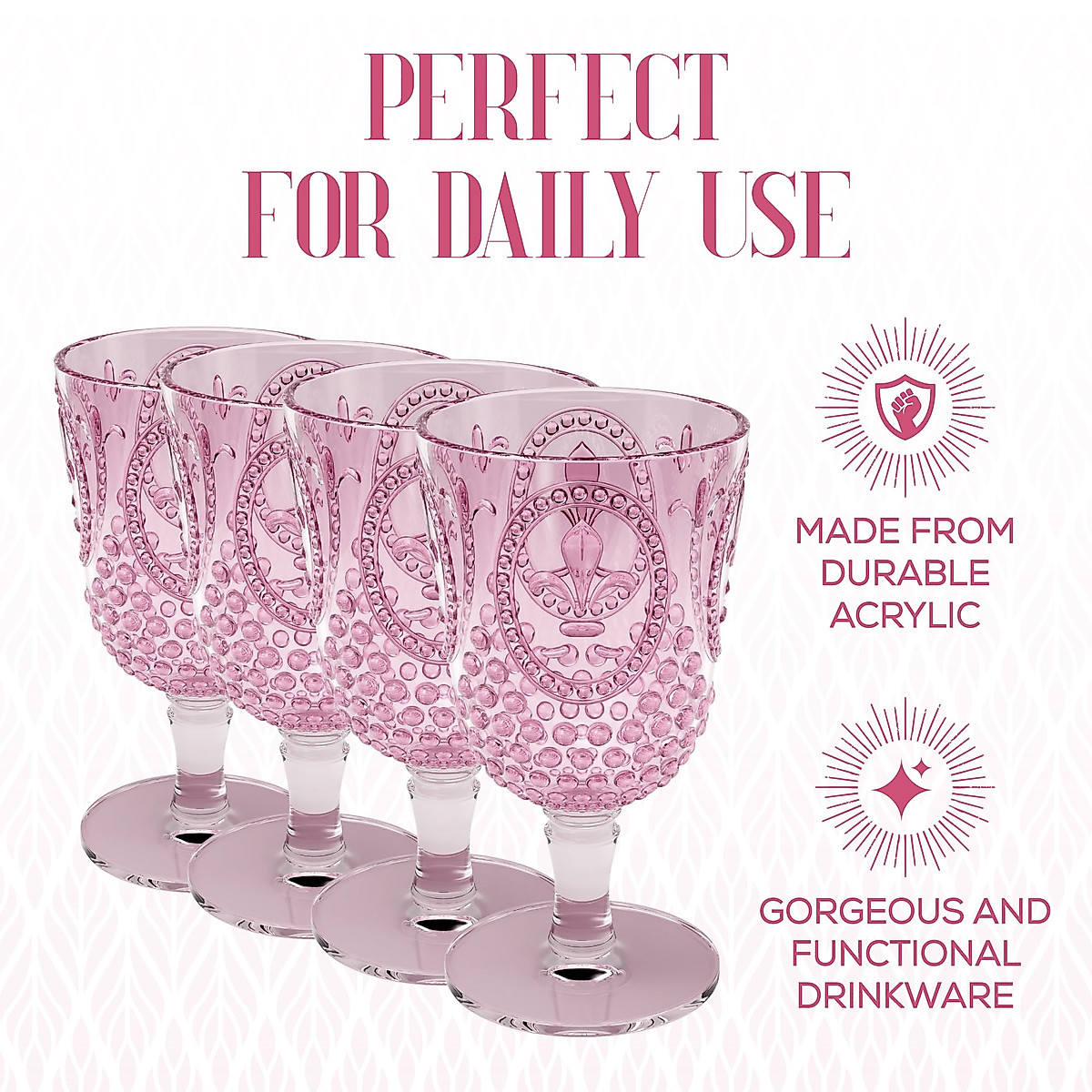 elle decor Acrylic Wine Goblets | Set of 4, 15-Ounce | Unbreakable Acrylic Wine Glasses | Reusable Plastic, Shatterproof Long Stemmed Water Glasses | Bar Drinking Cups (Pink)