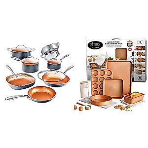 Gotham Steel Pots and Pans Set 12 Piece Cookware Set & Non Stick Ceramic Bakeware Set, 5 Piece No Warp & Dishwasher Safe Baking Set, Baking Pans Set