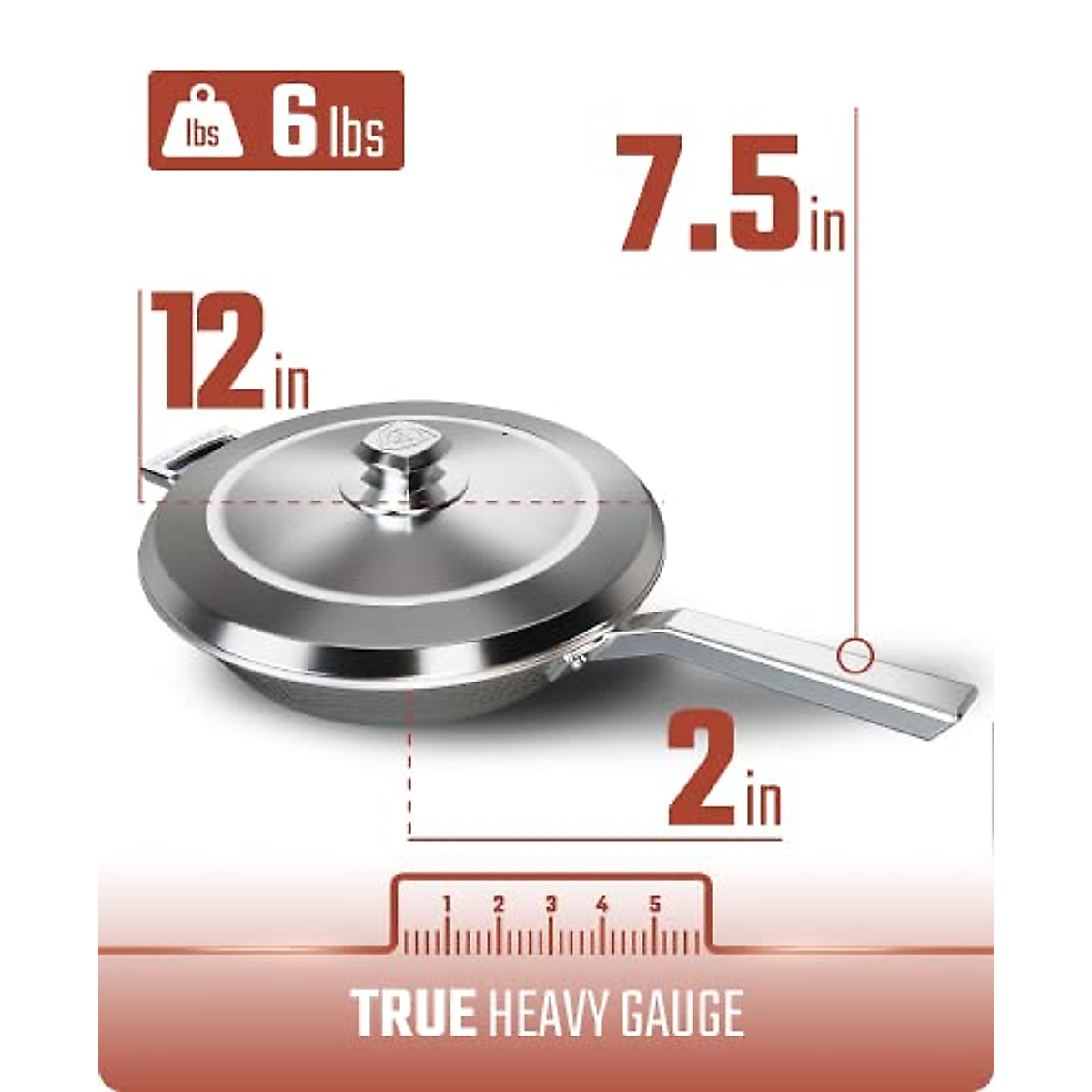 DALSTRONG Frying Pan Skillet - 12 inch - The Avalon Series - 5-Ply Copper Core - Hammered Finish Cooking Pan - 3 Quart - Premium Silver Kitchen Cookware - Omelet, Beef, Egg Pan - w/Lid & Pot Protector