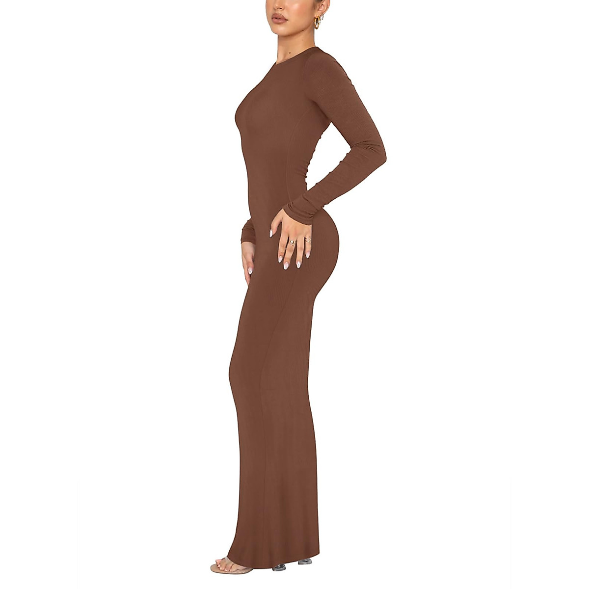 REORIA Women's Sexy Casual Crew Neck Lounge Slimming Long Dress Elegant Wedding Guest Long Sleeve Ribbed Bodycon Maxi Dresses Coffee Small