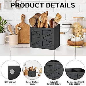 Uipame Wood Utensil Holder, Large Kitchen Utensil Holder for Countertop, Cooking Utensil Organizer for Flatware, Black Utensil Caddy with 2 Compartments, Rustic Utensils Organizer for Kitchen Counter