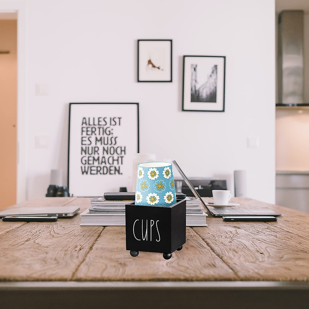 Bathroom Cup Dispenser, Farmhouse Dixie Cup Holder, 3 oz 5 oz Paper Mouthwash Cup Storage Box, Wooden Disposable Cup Caddy, Water Dispenser Cup Holder for Counter top (Black)