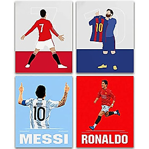 Cristiano Ronaldo and Lionel Messi Wall Art, World Cup Posters, Soccer Superstar Canvas Posters, Motivational Football Sports Art Prints for Office Living Room Home Decor, Set of 4 (8"x10" Unframed)