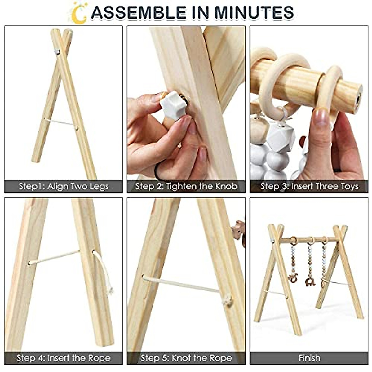 BABY JOY Portable Wooden Baby Gym, Foldable Baby Play Gym Frame with 3 Wooden Baby Teething Toys, Baby Exercise Activity Gym Hanging Bar Newborn Baby Gift (Natural)