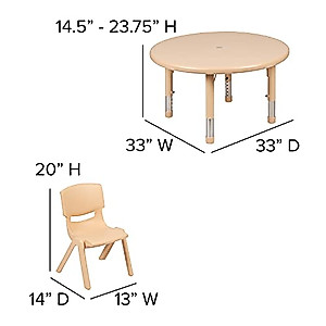 Flash Furniture Emmy 33" Round Natural Plastic Height Adjustable Activity Table Set with 4 Chairs
