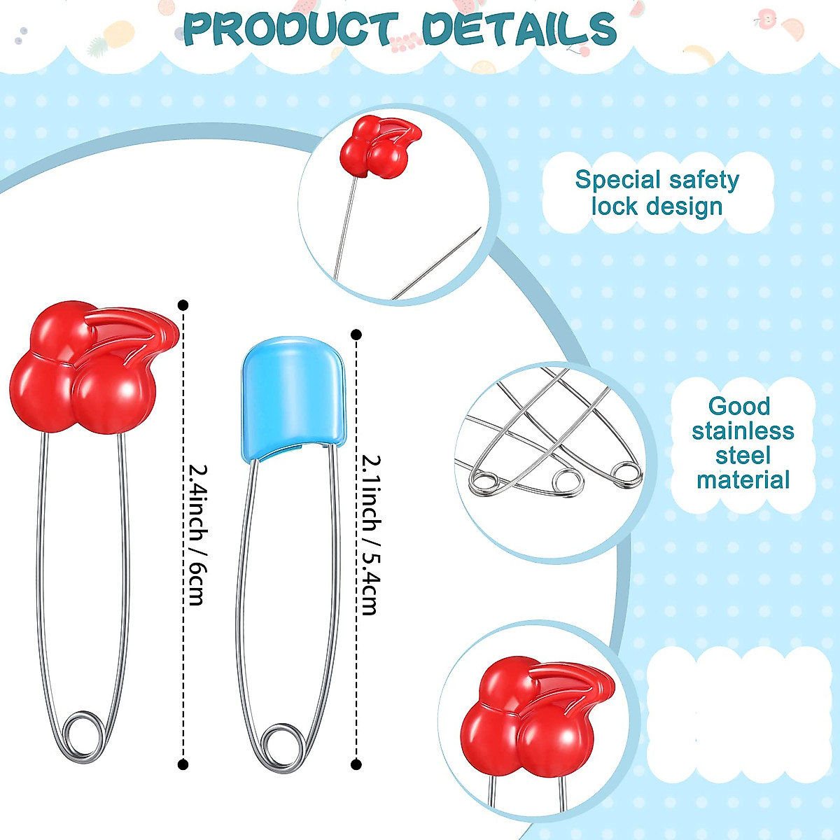 50 Pieces Diaper Pins Baby Safety Pins 2.4 inch with Locking Closure Stainless Steel Nappy Pins with Storage Box