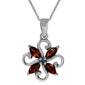 Silvershake Natural Garnet 925 Sterling Silver Victorian Style Flower Pendant with 18 Inch Chain Necklace
