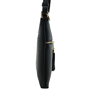 FashionPuzzle Tassel Zip Pocket PU Leather Crossbody Bag (Black)