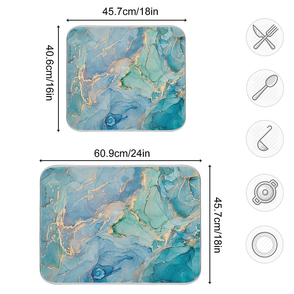 Marble Dish Drying Mat for Kitchen Counter Blue Teal Turquoise Gold Drying Mat 18 x 24 Inch with High Absorbent Reversible Microfiber Dish Drying Pad Dish Rack Pad Drainer Mat for Coffee Bar