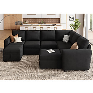 HONBAY Modular Sectional Couch with Storage, Velvet U-Shaped Sectional Sofa with Storage Ottoman Convertible U-Shaped Sofa for Living Room, Black