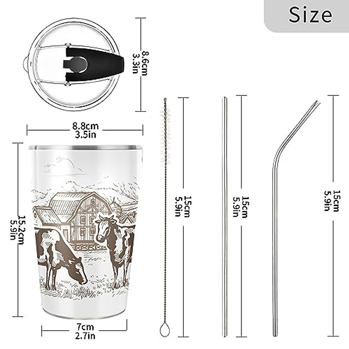 Jihqo Farm Cows Tumbler with Lid and Straw, Insulated Stainless Steel Tumbler Cup, Double Walled Travel Coffee Mug Thermal Vacuum Cups for Hot & Cold Drinks 12oz