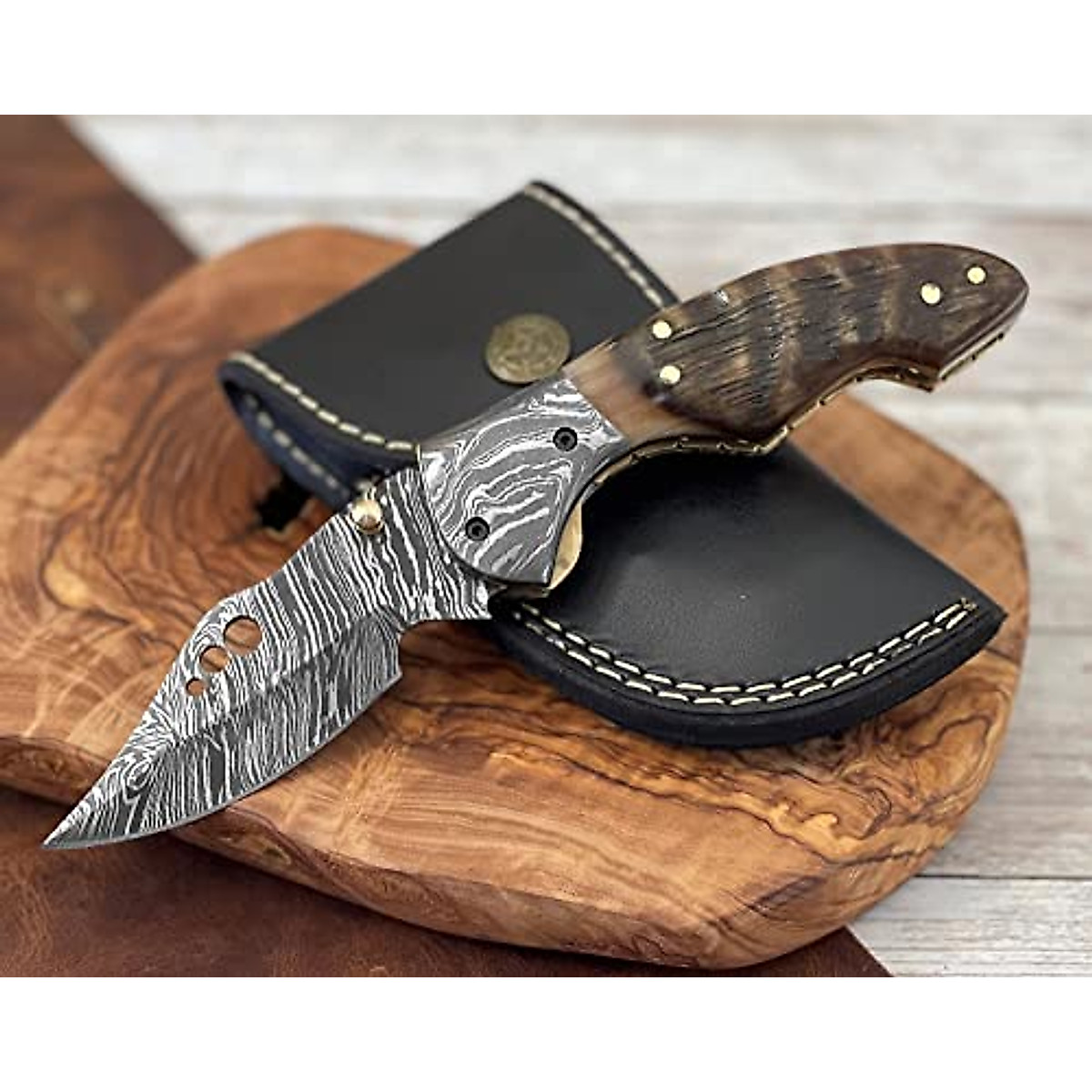 Damascus Steel Folding Pocket Knife With Ram Horn Handle - 100% Handmade Gift Knives for Men With Leather Sheath - 7.5 inches Knives For Hunters - Perfect for Any Occasion, Birthday, Anniversary, Wedding, Graduation