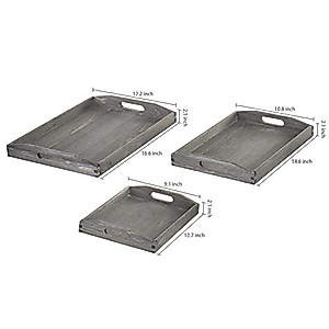 MyGift Vintage Gray Wood Serving Trays - Nesting Breakfast, Ottoman, Decorative Coffee Table Tray with Handles, 3-Piece Set