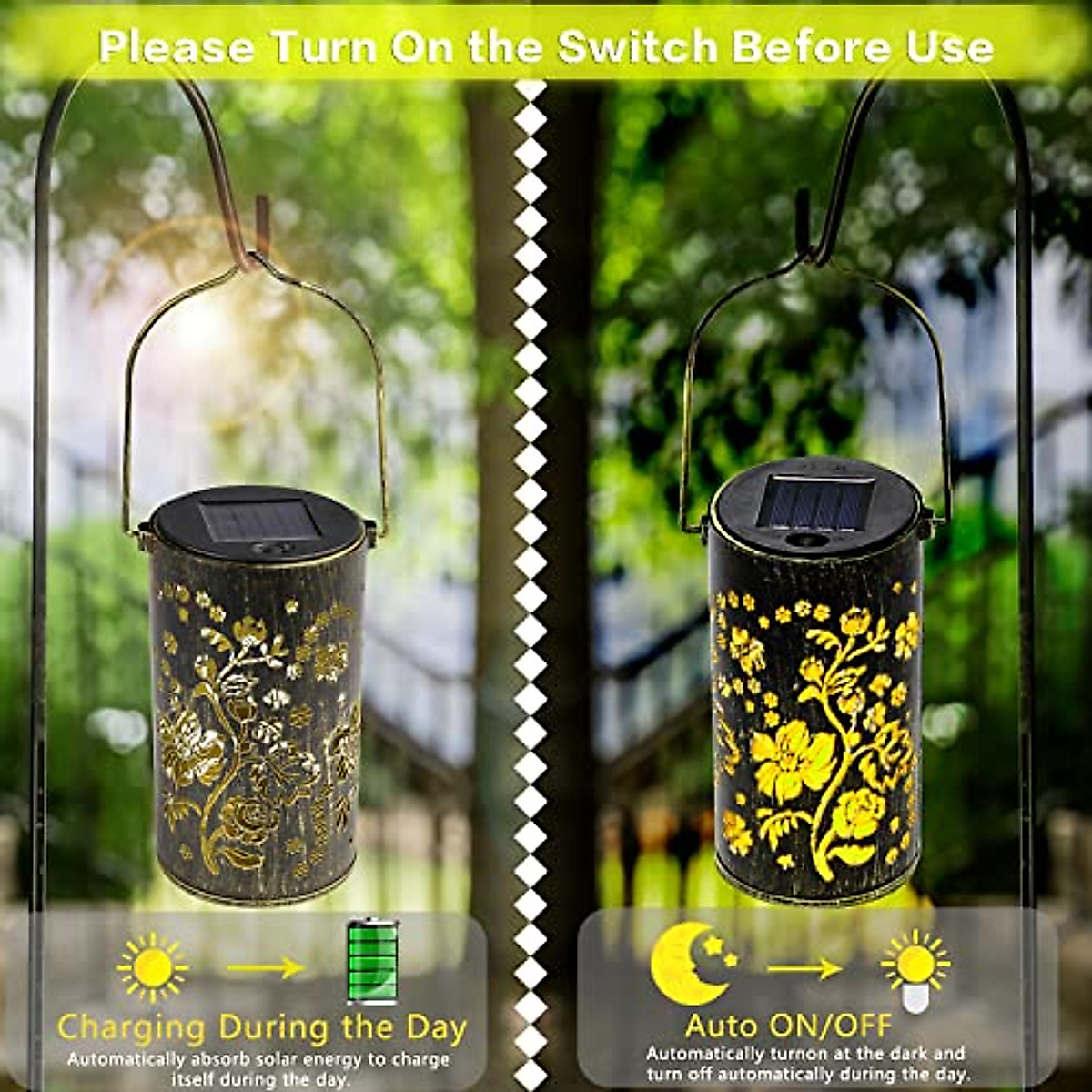 Taomika 2 Pack Solar Lanterns Garden Hanging Solar Lantern Outdoor Waterproof, Solar Lantern Metal LED Decorative for Patio Yard, Pathway, Fence, Walkway, Decorative Lamp