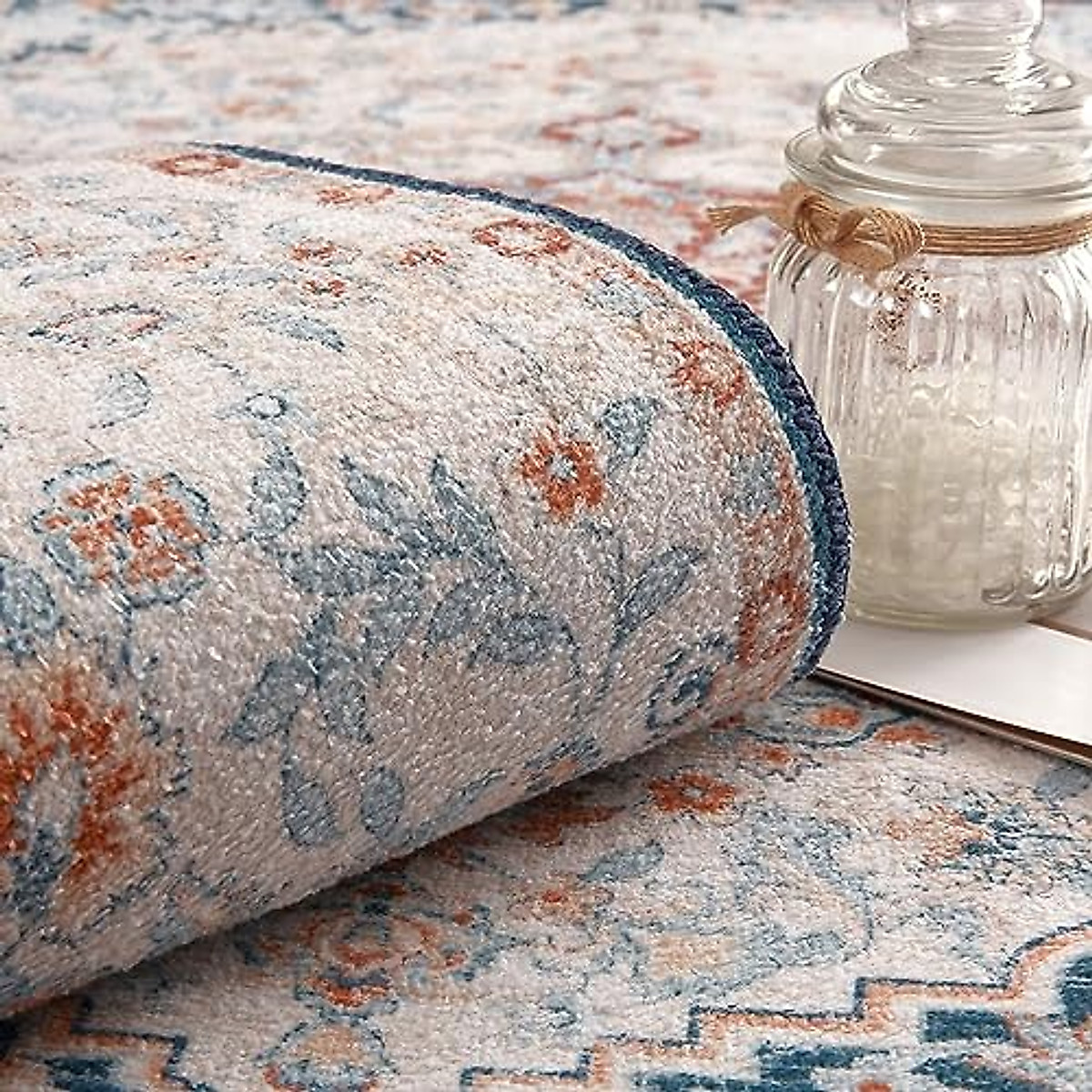 COZYLOOM Area Rug 8x10 Boho Tribal Area Rug Vintage Medallion Rug Large Washable Rug Distressed Oriental Non-Slip Print Floor Carpet for Living Room Bedroom Home Office Foldable Beige