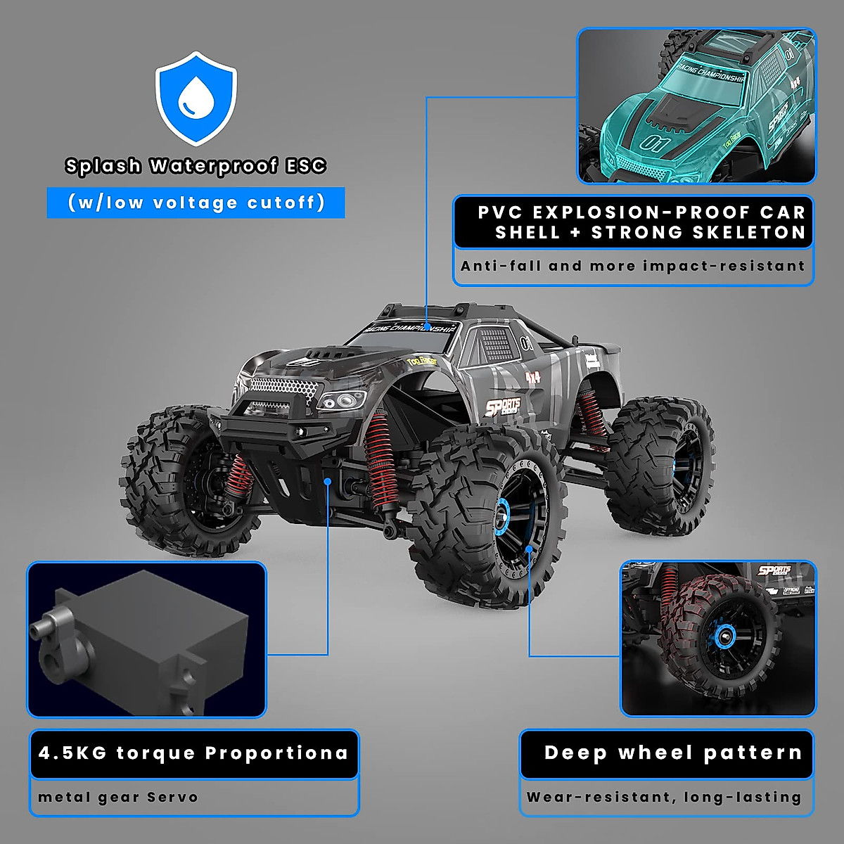 FUUY RC Cars for Adults 1:10 Large Remote Control Car 45KPH High-Speed RC Truck with 2 Batteries All Terrain Waterproof Off Road Fast RC Car with 550 Power Motor Toys Gift for Youth