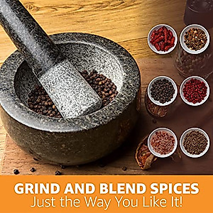 Heavy Duty Large Mortar and Pestle Set, Hand Carved from Natural Granite, Make Fresh Guacamole, Salsa, Pesto, Stone Grinder Bowl, Herb Crusher, Spice Grinder, 6.3 Inch Size, Black