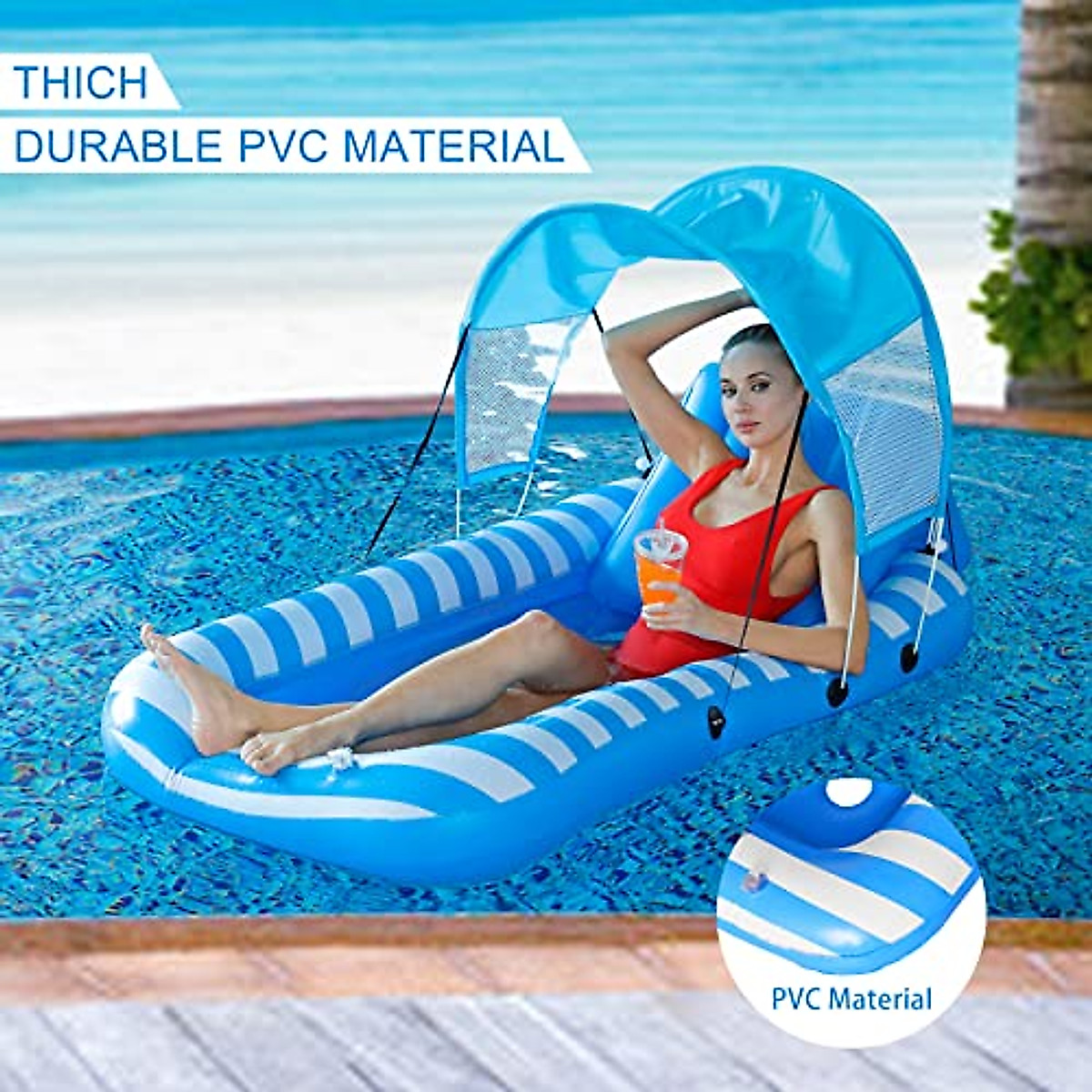 Inflatable Pool Float for Adults with Detachable Canopy and Cup Holder Outdoor Lounge Pool Lounger Rafts with Adjustable Inflatable Pillow for Swimming Lake Beach Vacation (Blue Stripe)