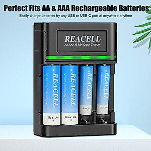 REACELL AA AAA Battery Charger for NiMH Rechargeable Batteries, Type-C Input, 4 Individual Slot, AA & AAA Nickel-Metal Hydride Battery Charger