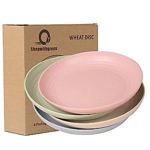 shopwithgreen Wheat Plastic Reusable Dinner Plates, Camping Outdoor Plates Sets, for Kitchen, Dorm Room, Microwave Dishwasher Safe, Unbreakable and Lightweight, 10 Inch, 4 PCS