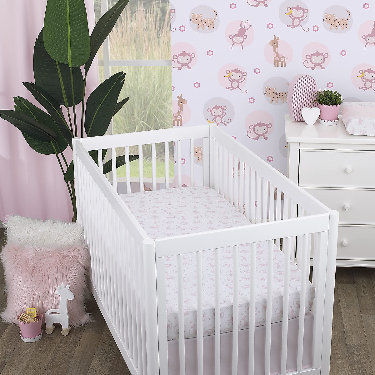 NoJo Little Love Sweet Jungle Friends Pink, White and Tan, Monkey, Cheetah and Giraffe with Polka dots and Flowers 3 Piece Nursery Crib Bedding Set - Comforter, Fitted Crib Sheet, and Crib Skirt