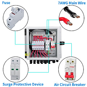PowGrow PV Combiner Box, 6 String Solar Combiner Box with 15A Rated Current Fuse, Surge Protective Device and 63A Air Circuit Breaker for On/Off Grid Solar Panel System, Pre-Wired Cable, Metal Box