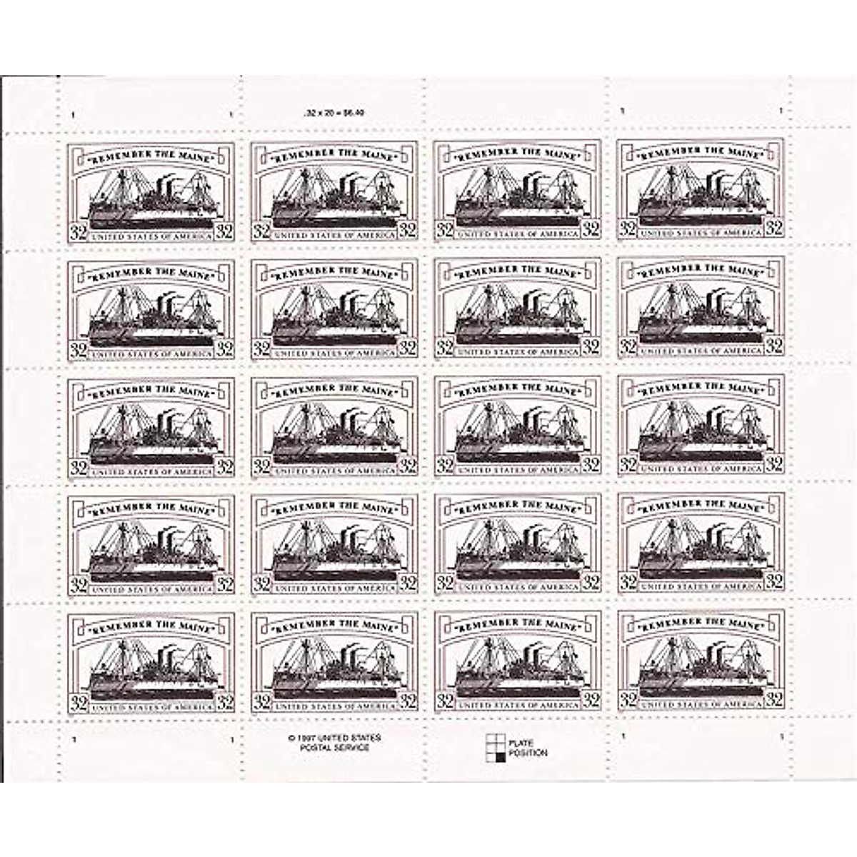 USPS Remember The Maine 32 Cent Full Sheet of 20 Stamps Scott 3192