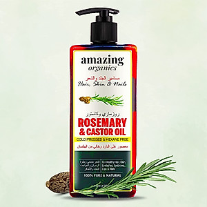 AmazingOrganics Rosemary and Castor Oil - 100% Pure Organic Non-GMO Cold-Pressed Castor Oil for Healthy Hair, Skin, Nails, Eyebrows, and Eyelashes 250 ml