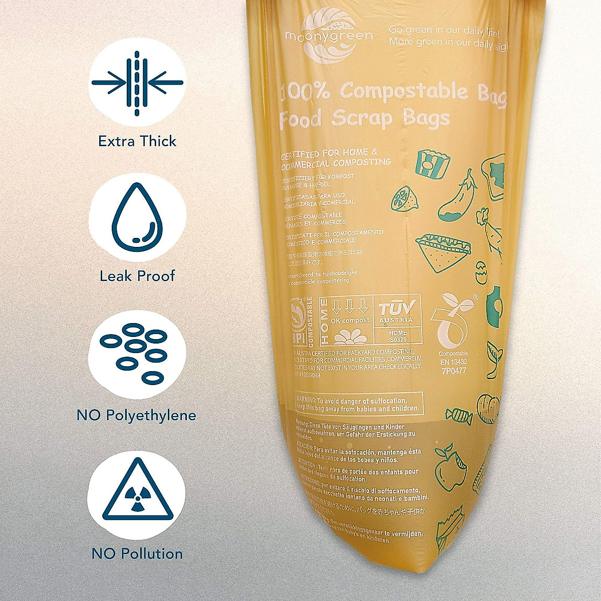 Moonygreen 100% Compostable Trash Bags, 2.6 Gallon+3 Gallon, each 100 Count, Extra Thick 0.87 Mils, Food Scrap Small Kitchen Waste Bags, US BPI ASTM D6400 and Europe OK Compost Home Certified