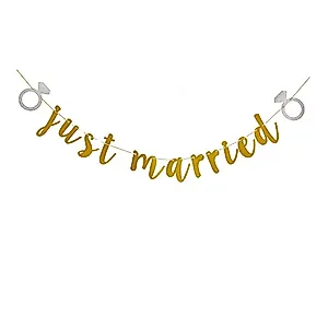 Just Married Banner, Gold Wedding Engagement Party Sign, Bridal Shower / Bachelorette Party Decorations Supplies Bunting Garlands
