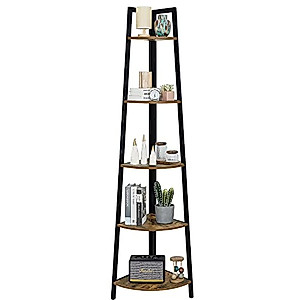 Pshelfy 5-Tier Corner Shelf, Rustic Corner Bookshelf Bookcase Multipurpose Corner Ladder Shelf Plant Stand for Living Room, Kitchen, Home Office Small Space (Brown)