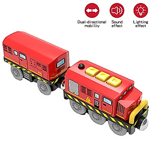 Wooden Train Track Accessories Battery Operated Locomotive Train, Motorized Train for Toddlers with Magnetic Connection, Powerful Engine Train Vehicles (Red Battery Operated Train with Lights)