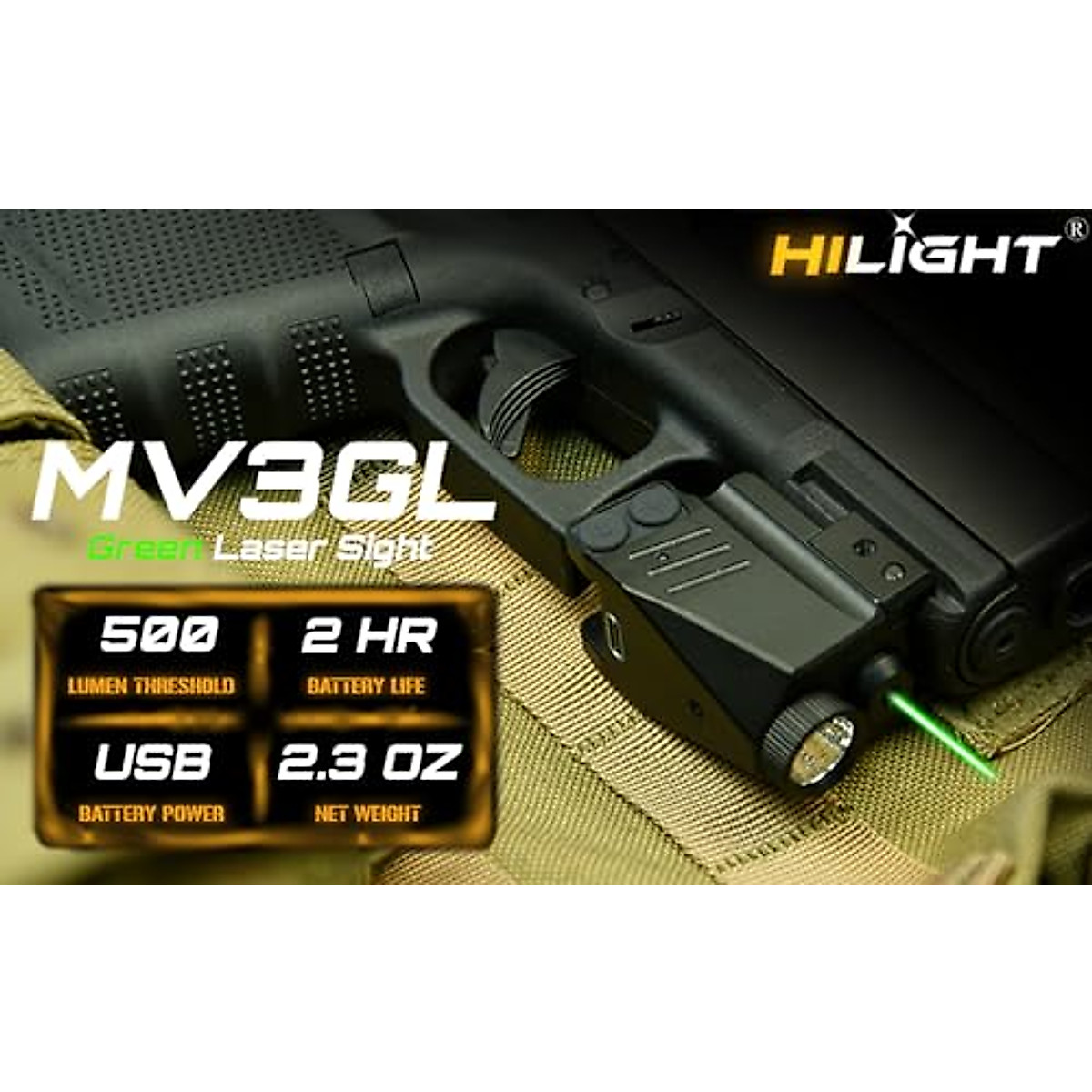 HiLight - Tactical MV3GL, Maverick Series - 500 Lumens Strobe Flashlight & Single (Green) Laser w/Rechargeable USB Battery - Subcompact, Compact Pistol, Handguns & Precision Laser Class of IIIA, 5mW