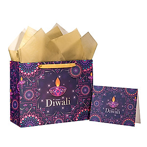 Loveinside Diwali Gift Bag with Tissue Paper, Gift Tag and Greeting Card for Diwali, Autumn, Holiday and Party - 13" x 5" x 10", 1 Pcs, Diwali