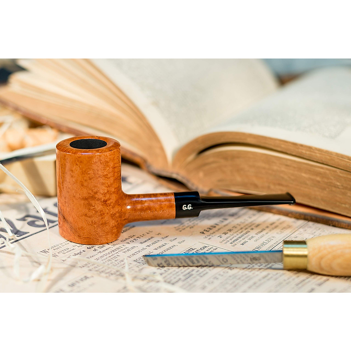 Wooden Tobacco Smoking Pipe, Self-Standing, Hand Carved of Briar Root, Metal cooling filter, Comes with Pouch, Boxed (Poker, Gold)