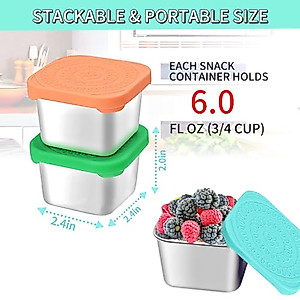 SEUOX 6Pack 6oz Stainless Steel Snack Containers for Kids, Easy Open Leak Proof Metal Toddler Snack Containers with Silicone Lids, Stackable Metal Toddler Lunch Box for Daycare, School and Travel