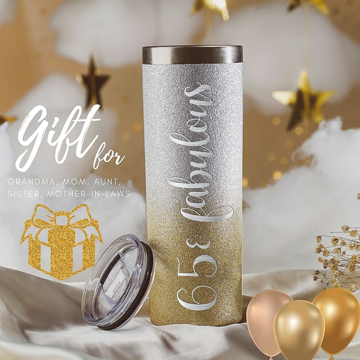Onebttl 65 & Fabulous 20 Oz Insulated Stainless Steel Wine Tumbler, 65th Birthday Gifts Party Supplies Decorations for Women Funny Tumbler Gifts Idea for Friends Her Wife Mom Coworkers, Glitter Gold
