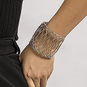 Kercisbeauty Cyberpunk Silver Cuff Bangle Bracelet Open Wide Wire One Size Wristband Hand Chain for Women Girls (Silver)