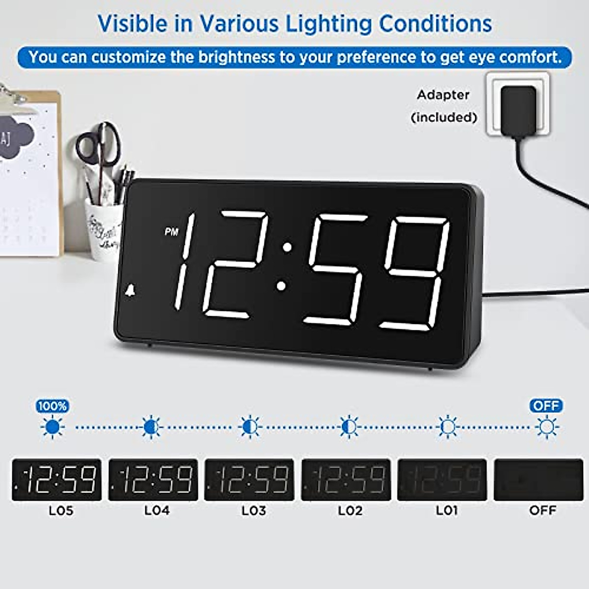 Peakeep Digital Clock, Alarm Clock for Bedrooms - Large Big Numbers 5 Dimmers for Seniors, Battery Backup Loud Alarm Clock with USB Charger Port (White)