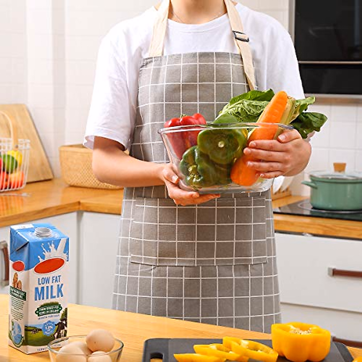 Tosewever 2 Pieces Cotton Linen Waterproof Bib Kitchen Apron with Pockets - Long Ties Adjustable Neck Strap - Unisex BBQ Cooking Drawing Crafting Aprons for Women Chef (Grey/Green, 2)