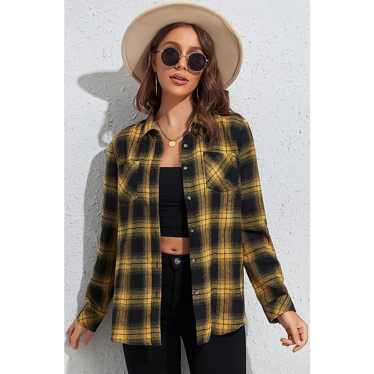 KevaMolly Plaid Long Sleeve Flannel Shirts for Women Loose Fit Boyfriend Button Down Shirt Casual Flannel Blouse Tops Black Yellow XL